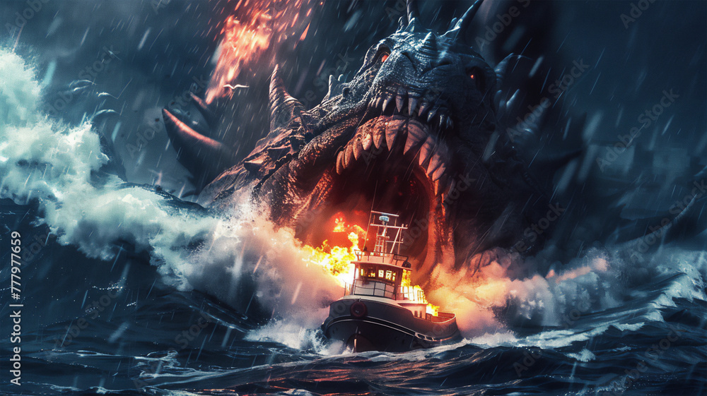 A small ship in a raging sea, running away from a huge sea monster with ...