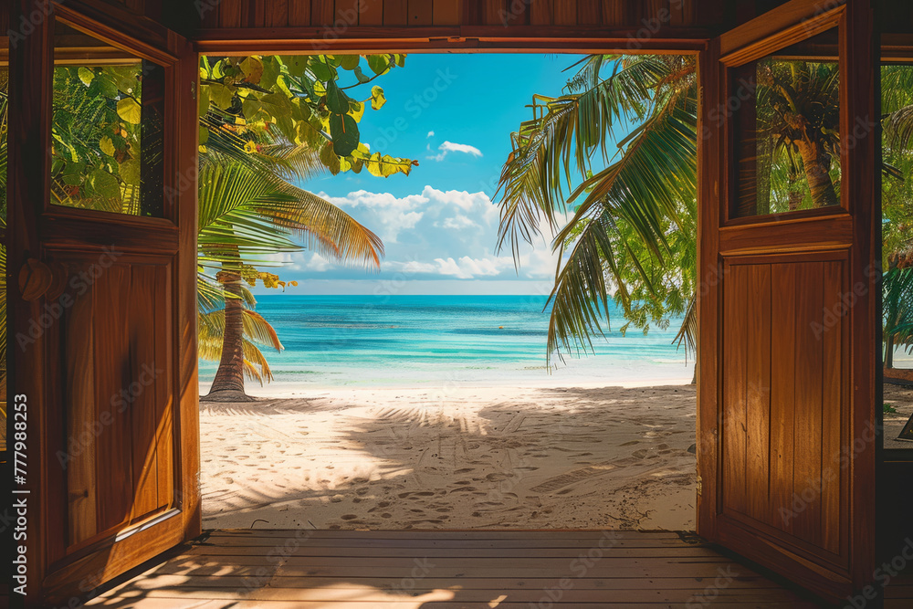 An open door unveils a breathtaking view of the beach, with azure ...