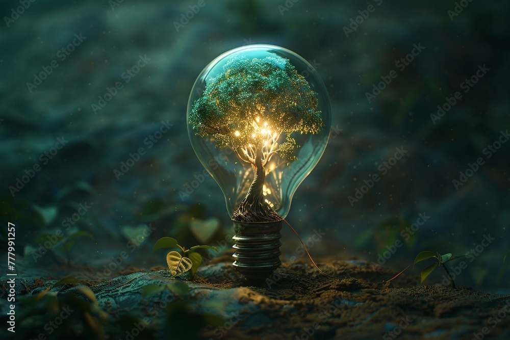 Majestic tree standing tall in a light bulb, illuminating the concept ...