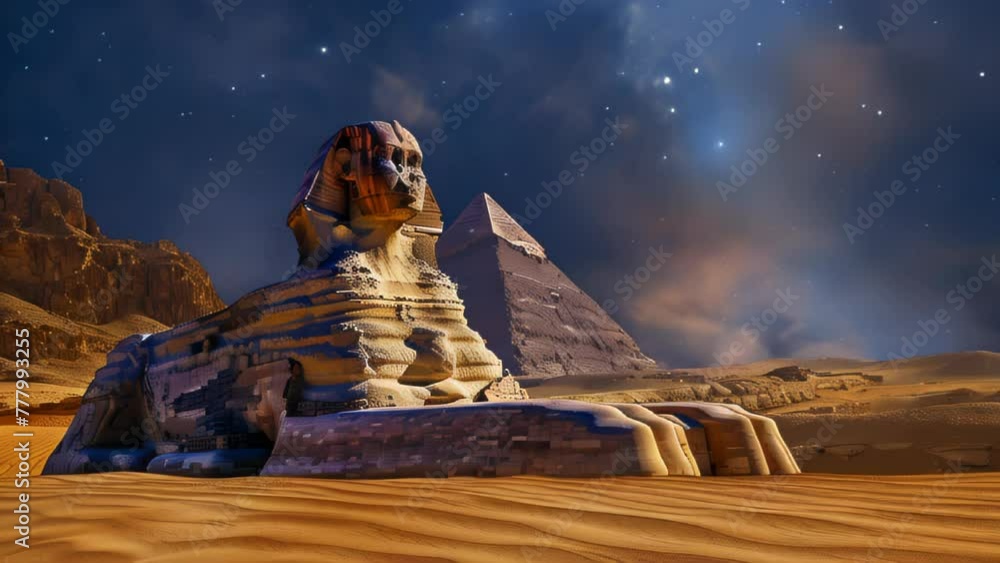 A colossal sphinx statue lies in the middle of the desert, gazing up at ...