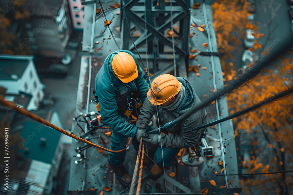 Construction workers engaging in high-altitude work on a crane with ...