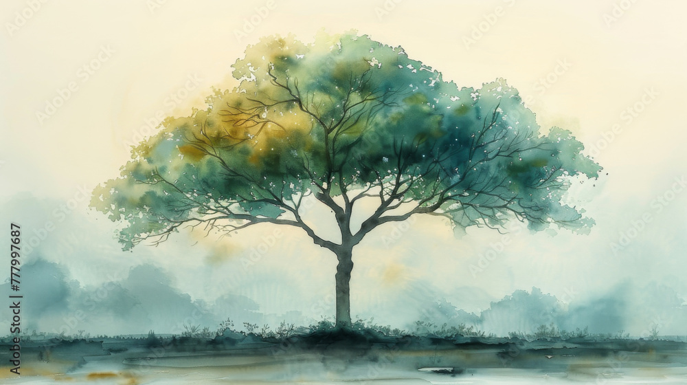 spring tree with leaves, Vector watercolor of tree side view isolated ...