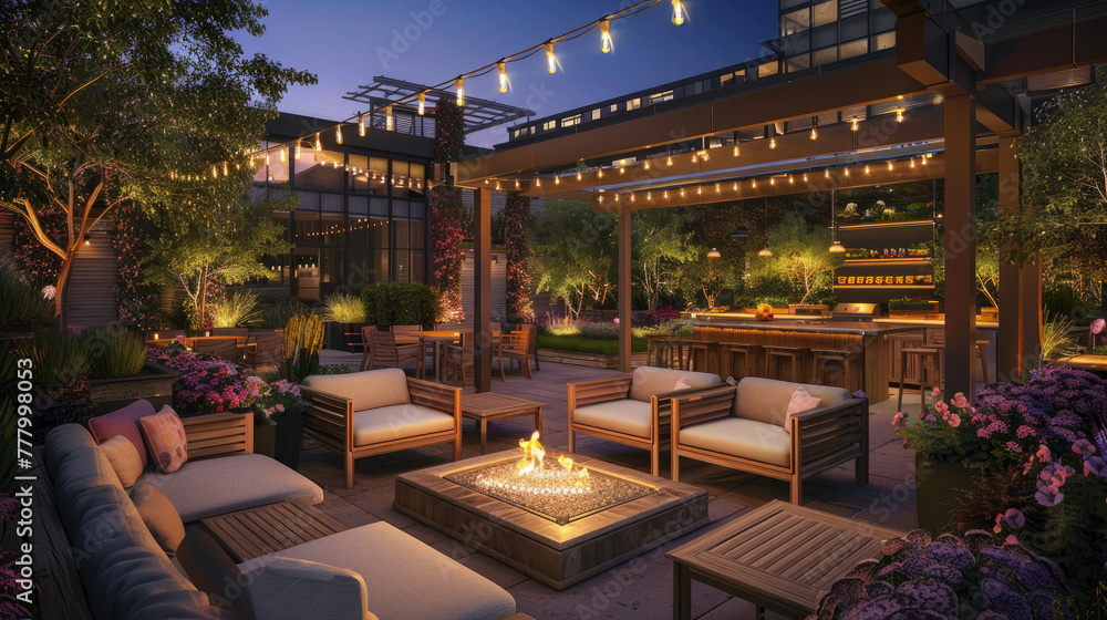 Design an outdoor lounge area with comfortable seating, fire pit and ...