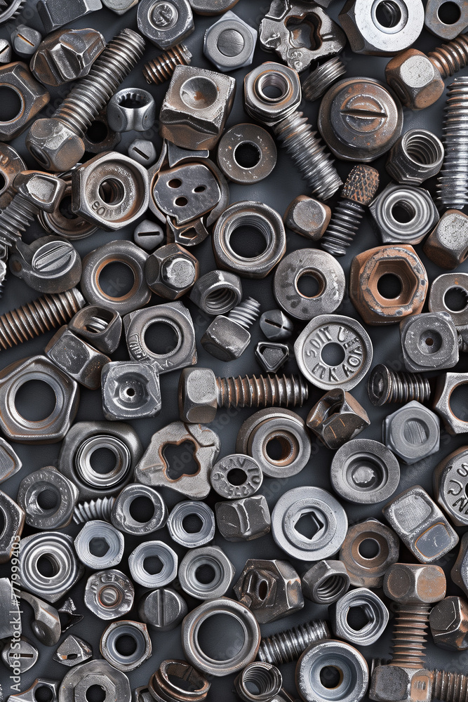 Assorted new galvanized bolts and nuts arranged in a pattern, creating ...