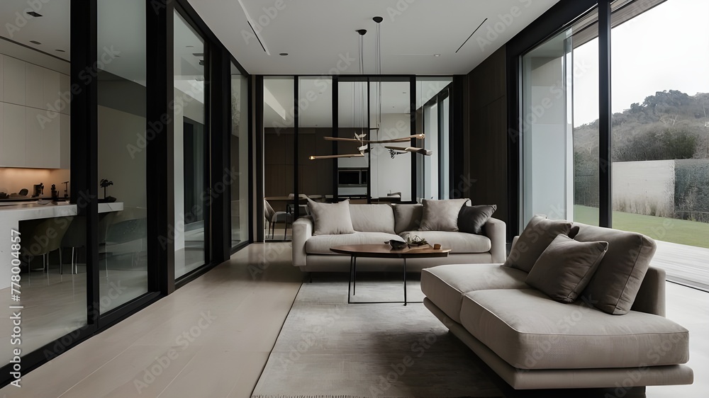 living room interior Clean lines, sleek furnishings, and a neutral ...