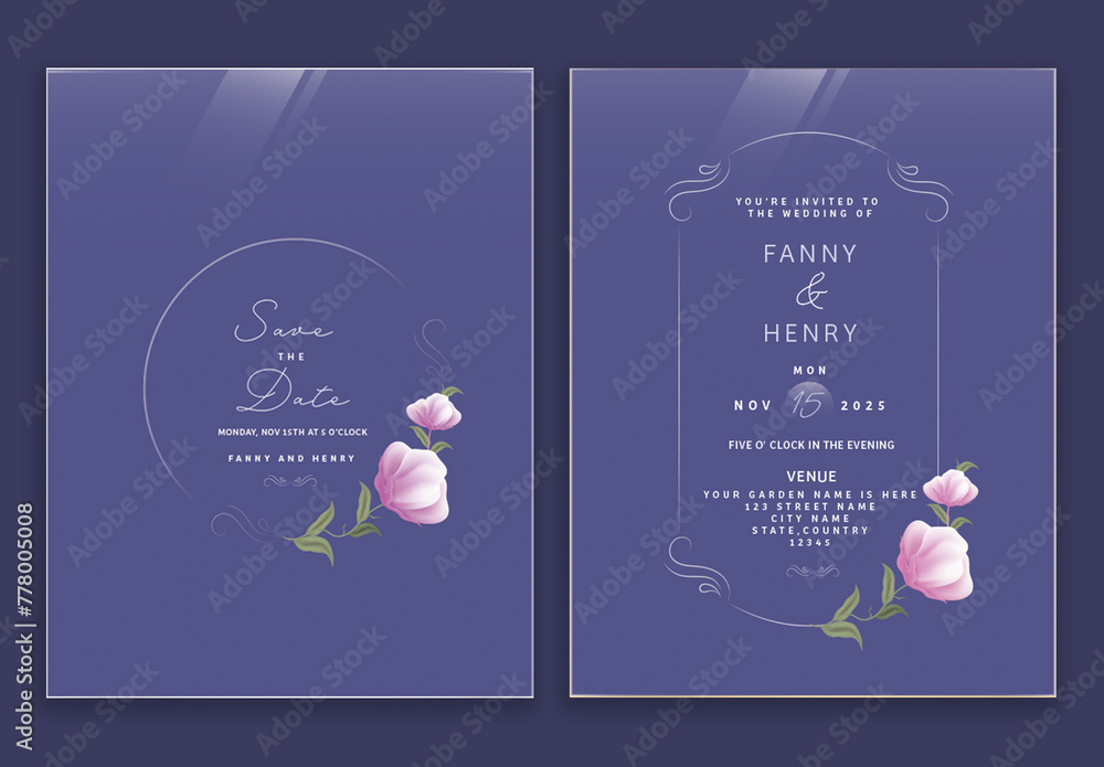 Two pages wedding invitation card in blue color with pink rose design ...