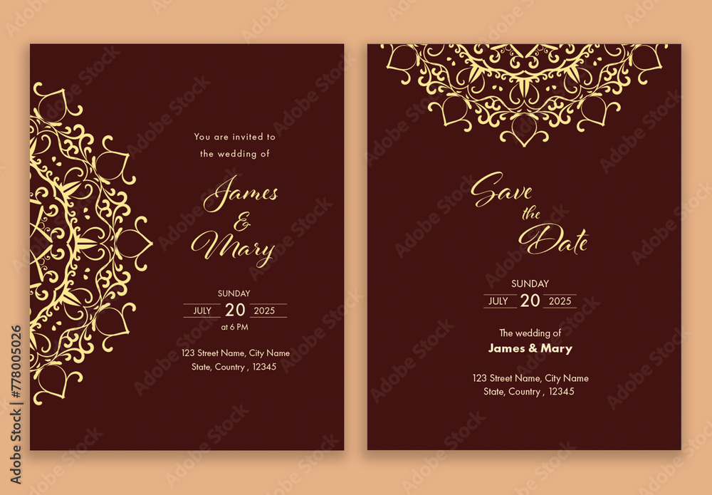 Two pages wedding invitation card in golden and wine color. Stock ...