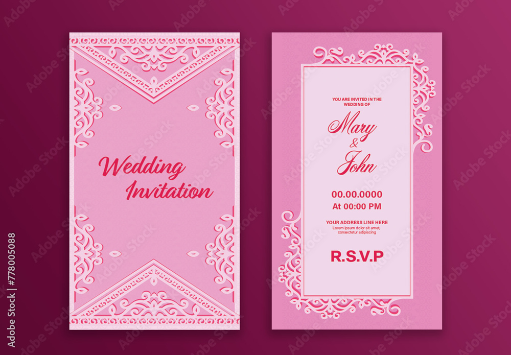 Two Pages Wedding Invitation Card with Laser Cut Design in Pink Color ...