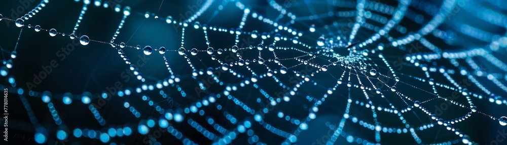 A spiders web, dew drops on its strands representing the various ...