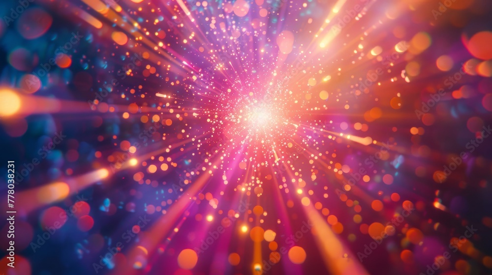 Radiant beams of light converging at a focal point and spreading ...