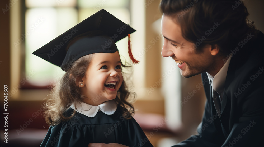 Cute schoolboy with graduation cap in classroom. Happy young father ...