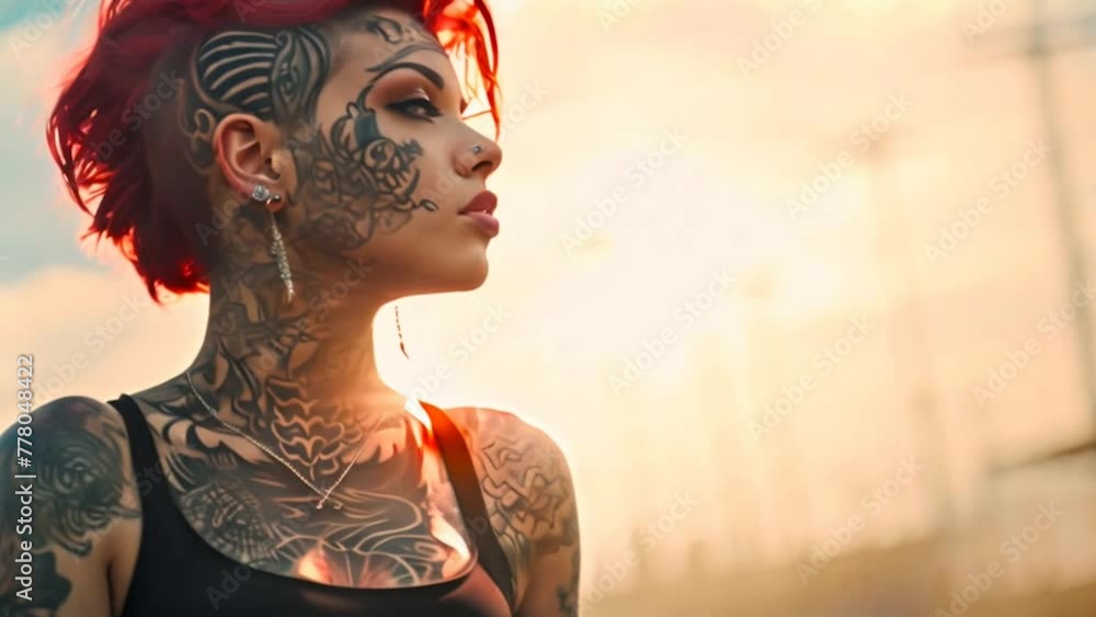 Face of a punk girl profile with tattoos on her face and her body ...