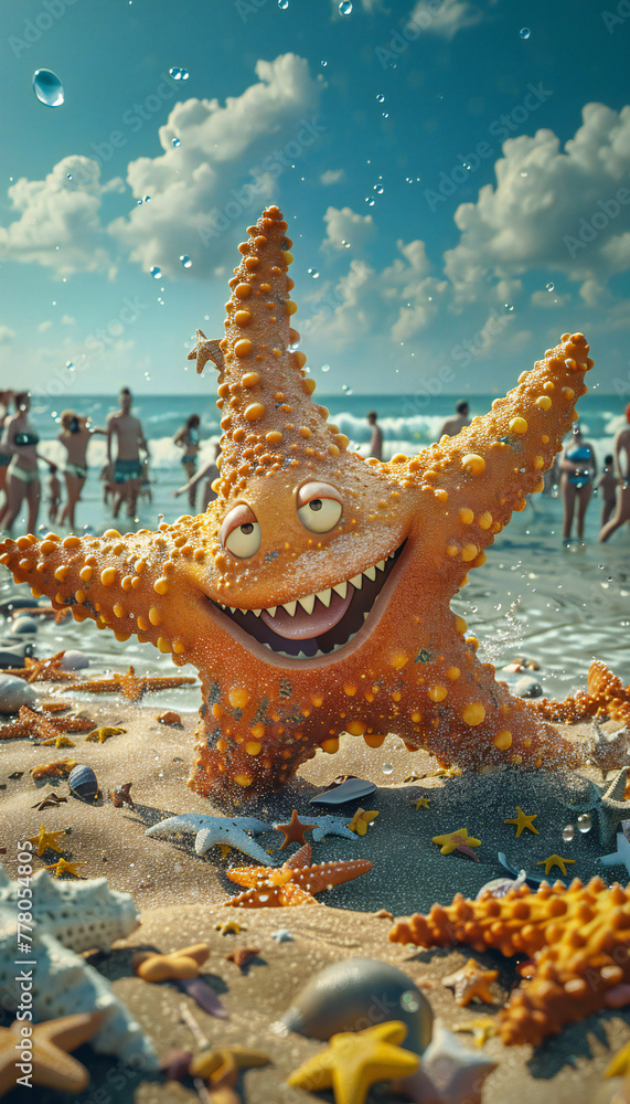 Vertical caricature cartoon of a happy starfish in a beach full of ...