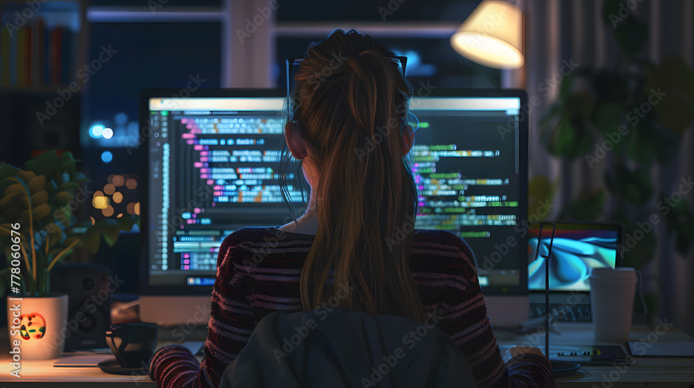 Cartoon: Young student woman sitting in front of her MacBook studying a ...