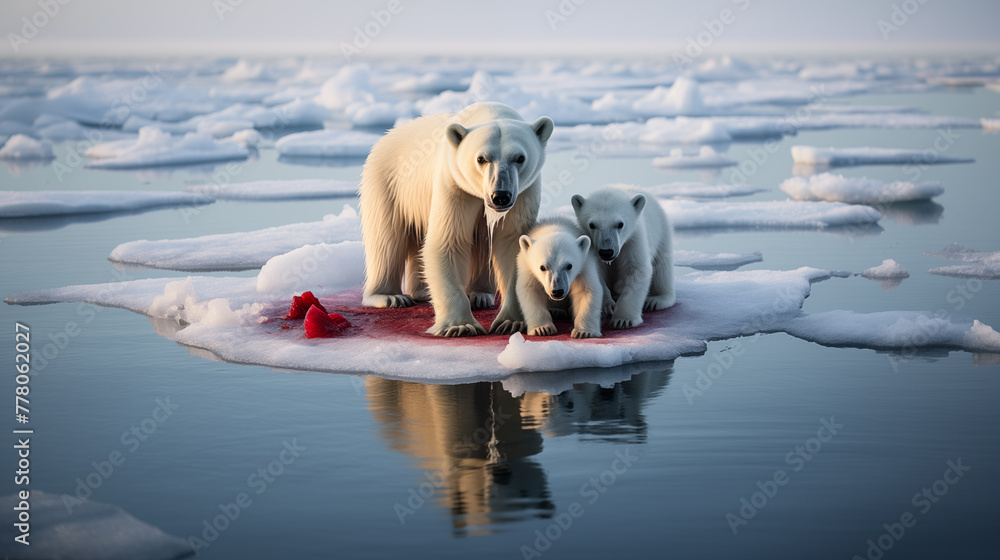 Polar bears on melting ice in the Arctic sea. Melting polar ice caps ...