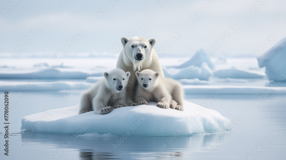 Polar bears on melting ice in the Arctic sea. Melting polar ice caps ...