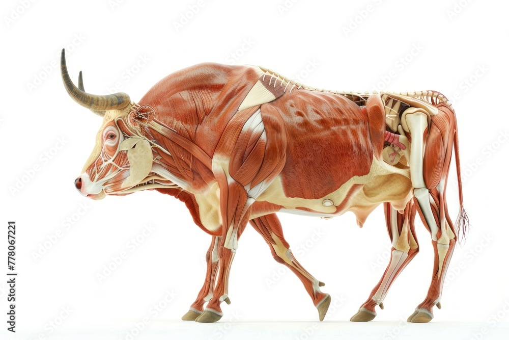 Bull anatomy showing body and head, face with muscular system visible ...
