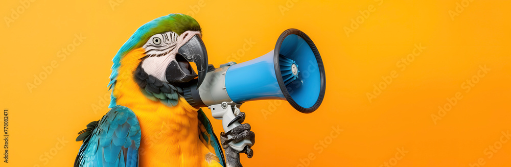 Macaw parrot bird announcing using megaphone. Notifying, warning ...