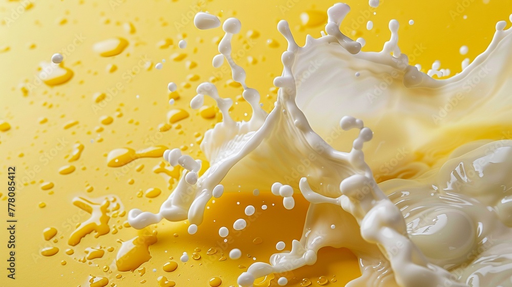 Milk splash in cow shape, bright yellow background, closeup, topdown ...