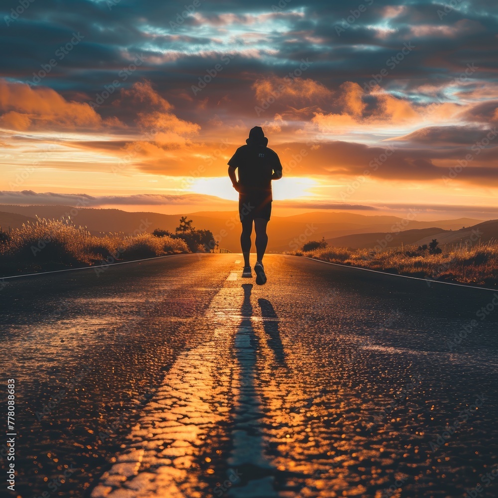 A runner at sunrise on an open road depicting personal growth through ...