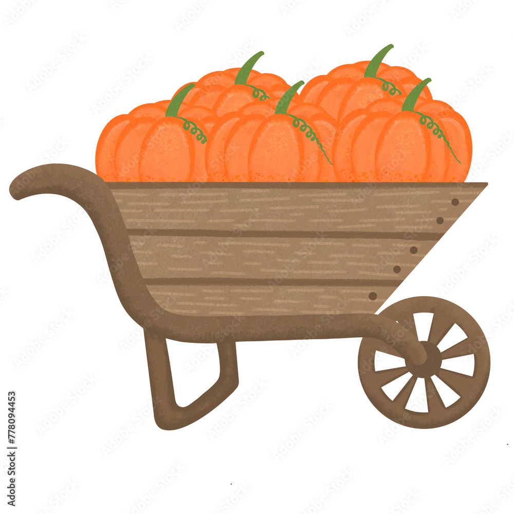 Cartoon wooden wheelbarrow with pumpkins full of the wheelbarrow. Stock ...