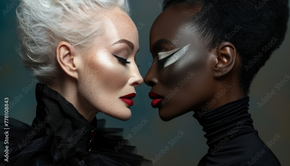 Contemporary female face painting portrait, dark and white complexion ...