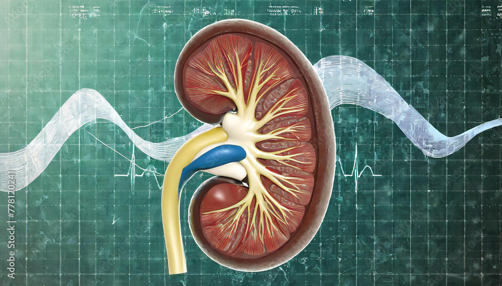 Human kidney cross section anatomy on ecg graph background. 3d ...