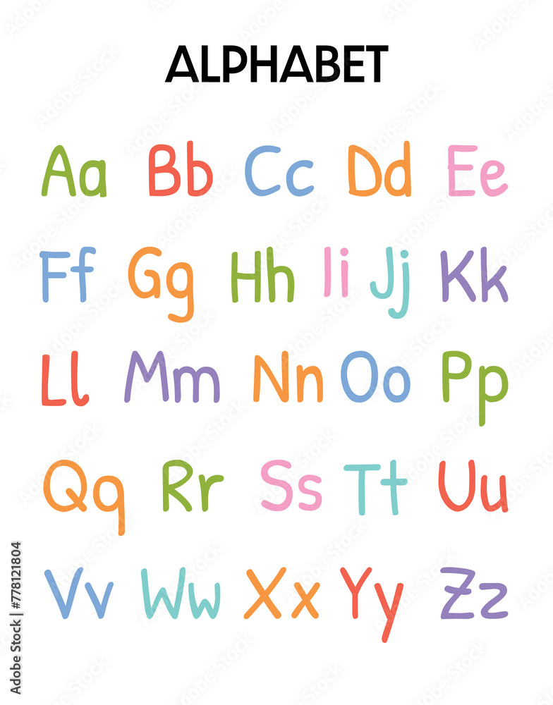 Cute Color alphabet poster. Hand drawing font for kids. Wall art ...