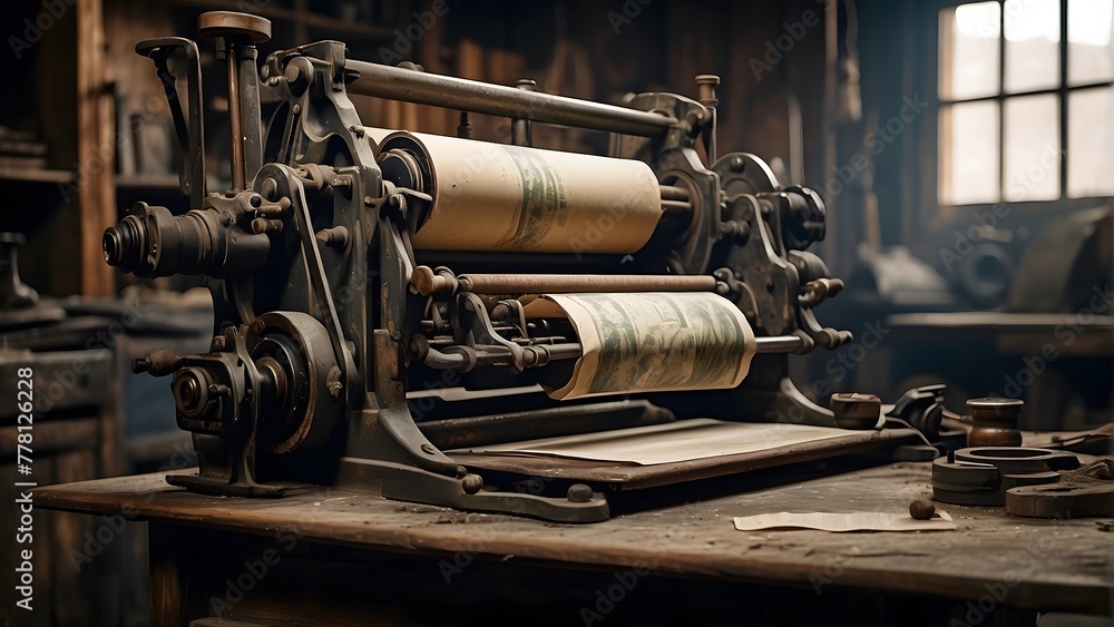 A vintage printing press, with rusted gears, old printing press, world ...