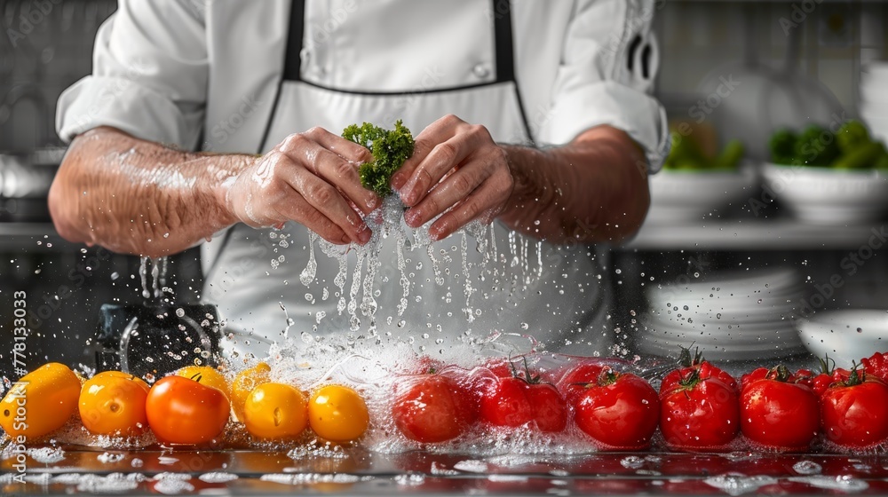 A man cook washes vegetables and fruits under a stream of water ...