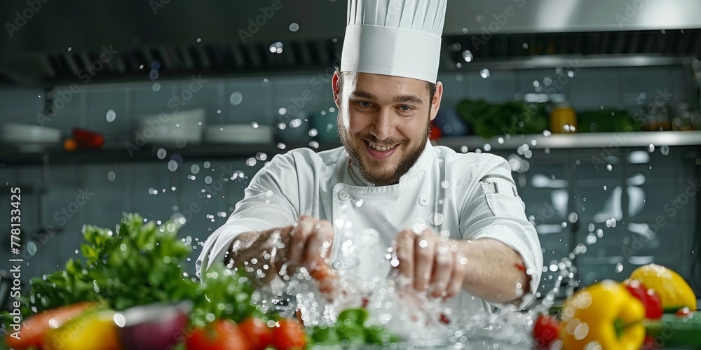 A man cook washes vegetables and fruits under a stream of water ...