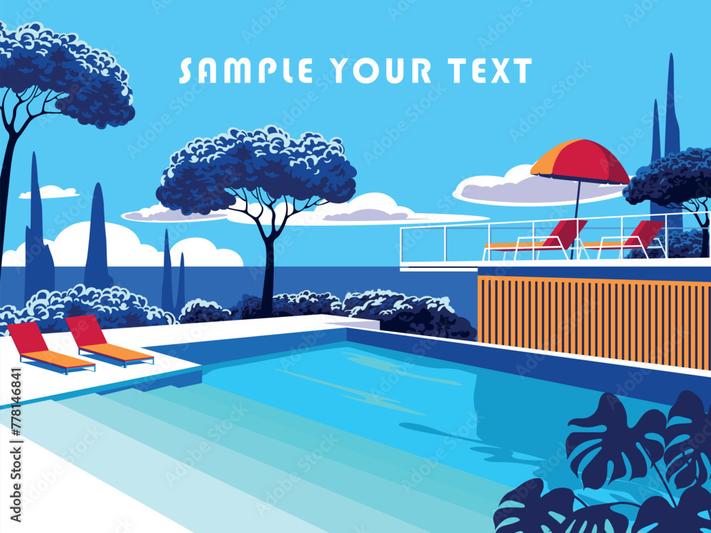 Horizontal landscape with swimming pool, sunbeds and mid-century house ...