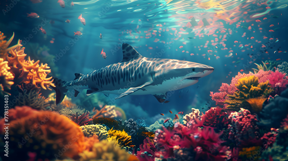 A solitary tiger shark patrolling its territory, surrounded by an ...