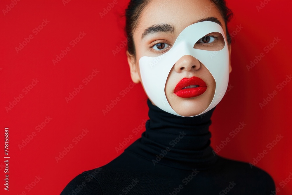 Mysterious woman wearing white mask with red lips on vibrant red ...