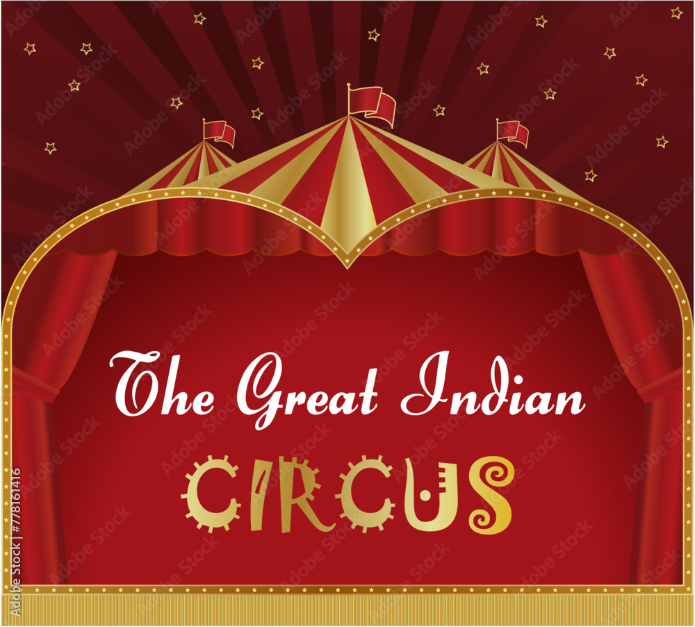 Circus scene with banner template in the sky, Circus tent in red and ...