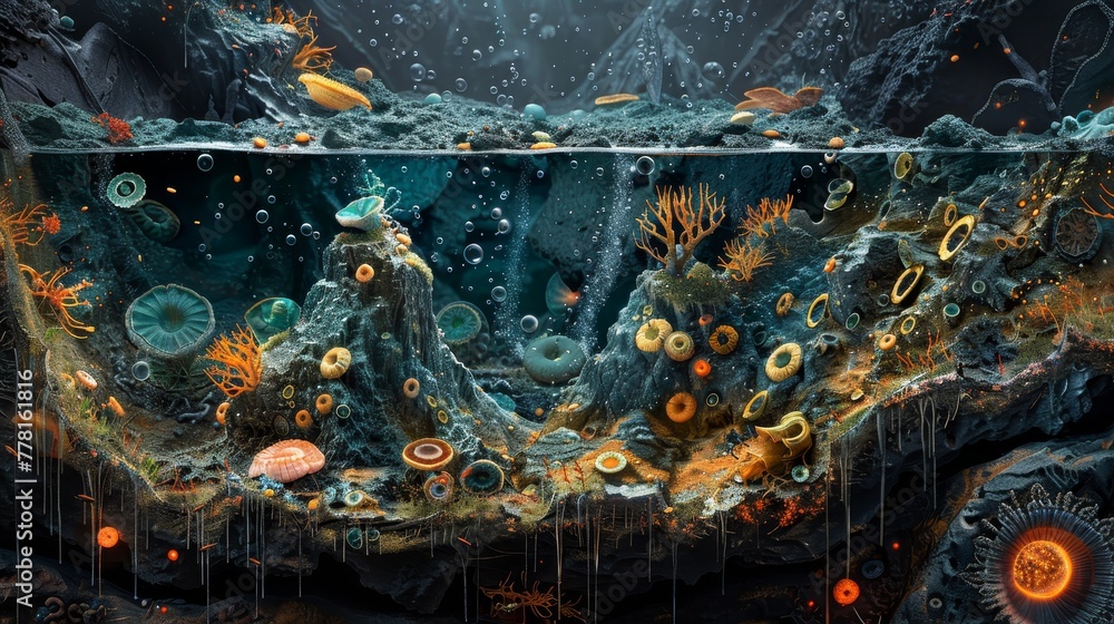 A painting of a coral reef with many different types of sea creatures ...