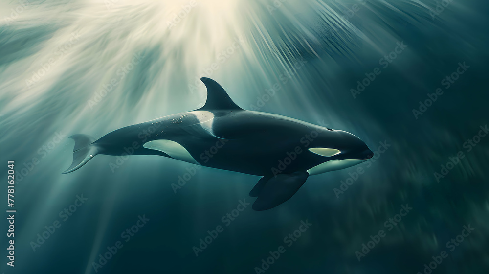 Majestic orca gliding gracefully through the azure depths, framed by a ...