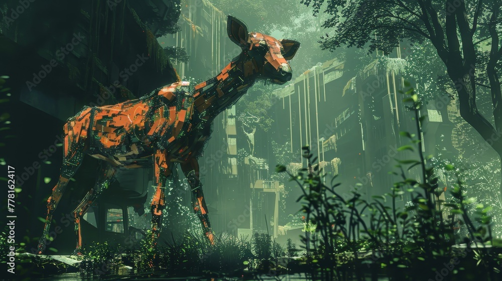 A large, rotting deer stands in a lush, green forest. The scene is ...