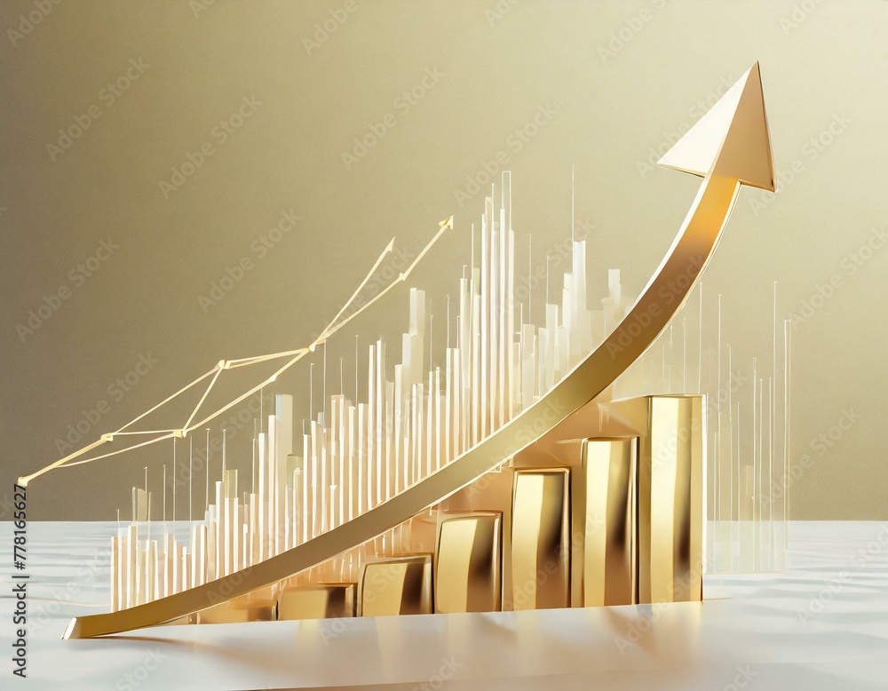3d rendering of a gold arrow ascending above a bar graph, representing ...