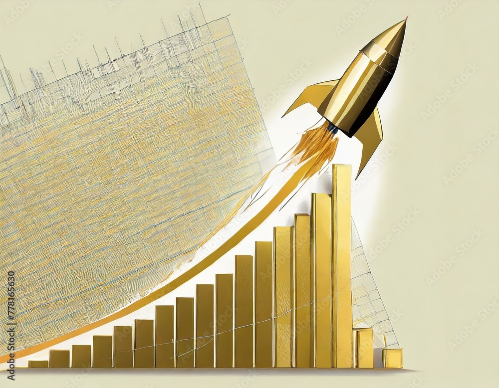 Rocketing growth: digital illustration of a rocket launching from a bar ...
