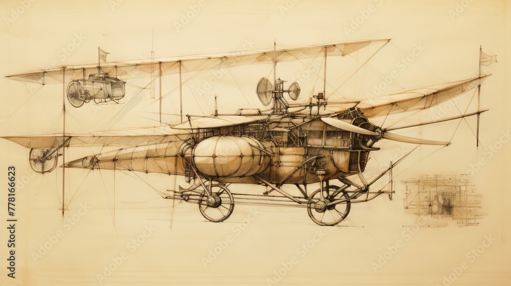Abstract drawing illustrates ancient machine. Technical sketch reveals ...