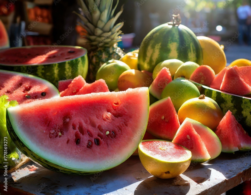 A display of watermelon slices among other fresh fruits at an outdoor ...