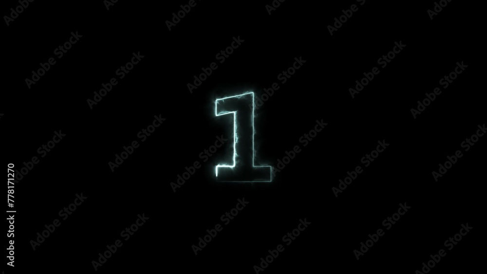 Neon glowing countdown timer from 1 seconds cyan color illustration. Black background 4k ...