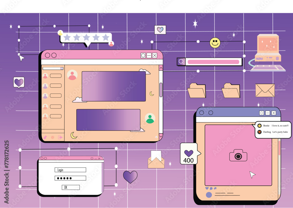 Y2k windows, retro screens in retrowave, vaporwave vintage style ...