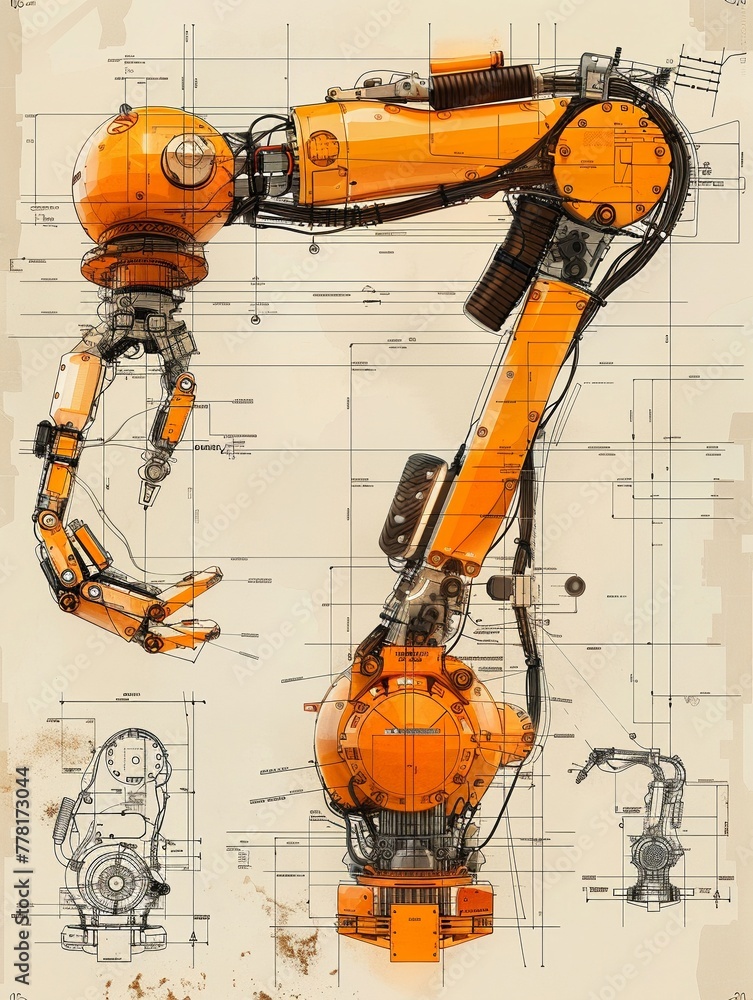 AIdriven robotics arm, schematic design, topdown view, technical ...