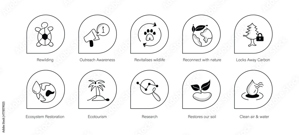 Embrace rewilding icon set, symbolizing efforts to restore biodiversity ...