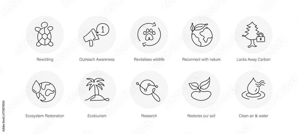 Embrace rewilding icon set, symbolizing efforts to restore biodiversity ...