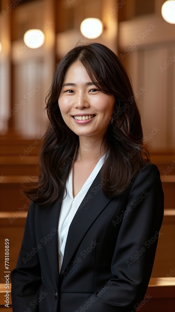 Confident Asian female lawyer wearing a business suit in courthouse ...