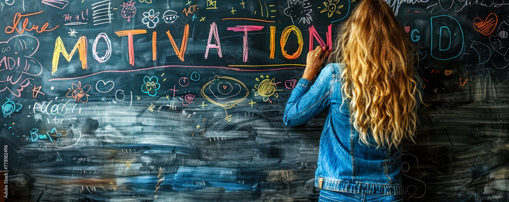 Hand writing the word MOTIVATION on a chalkboard, surrounded by ...