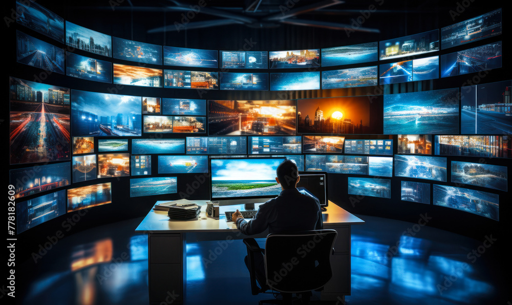 Media Broadcast Control Room with Multiple Screens Displaying Various ...